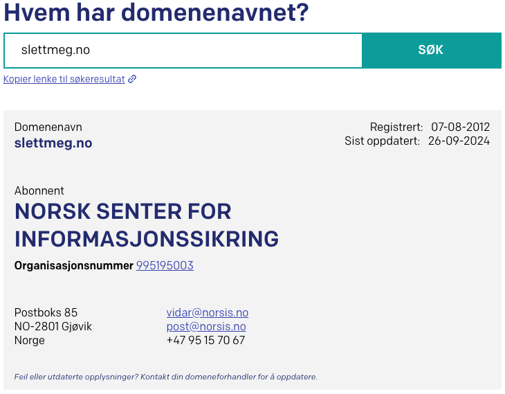 Hvem eier nettsiden? - Slettmeg.no